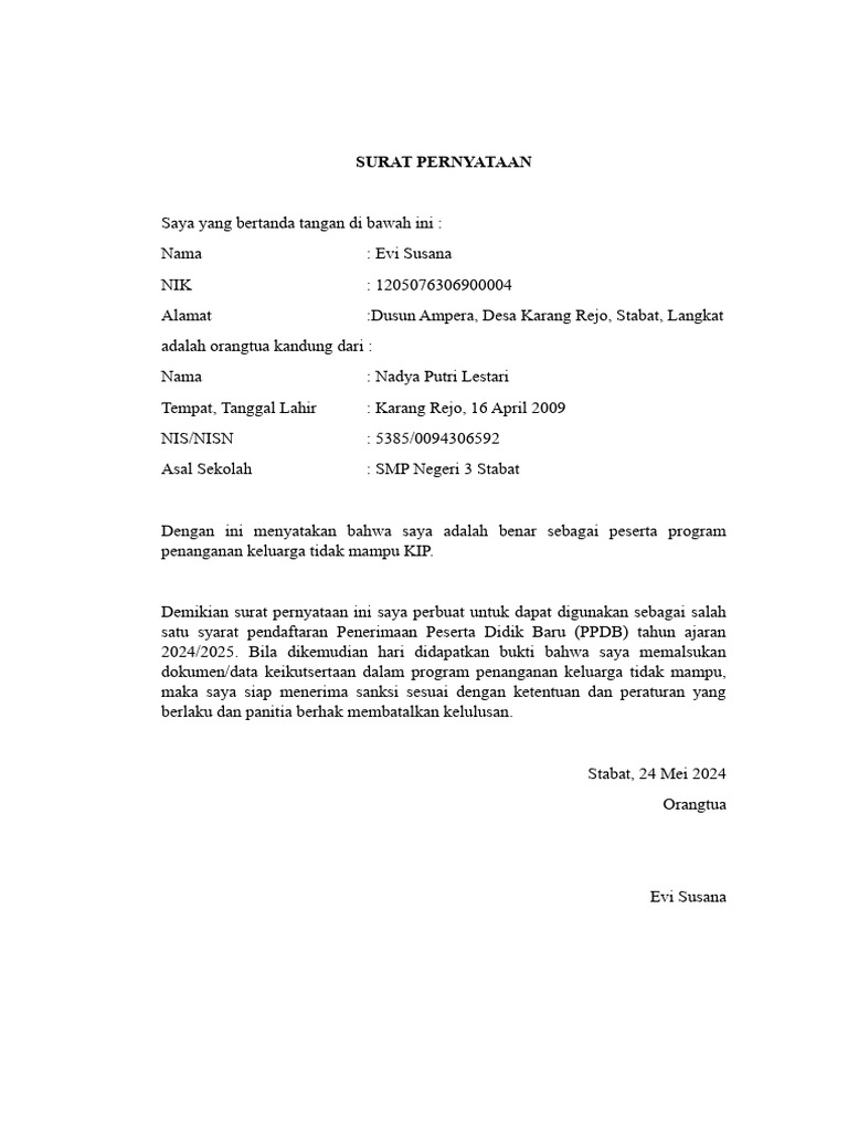 Surat Pernyataan Ortu | PDF