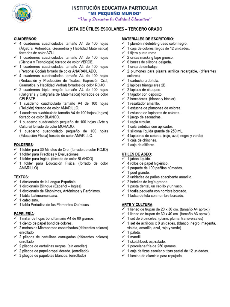 ÚTILES ESCOLARES 2024 - 3ro | PDF | Color | Percepción visual