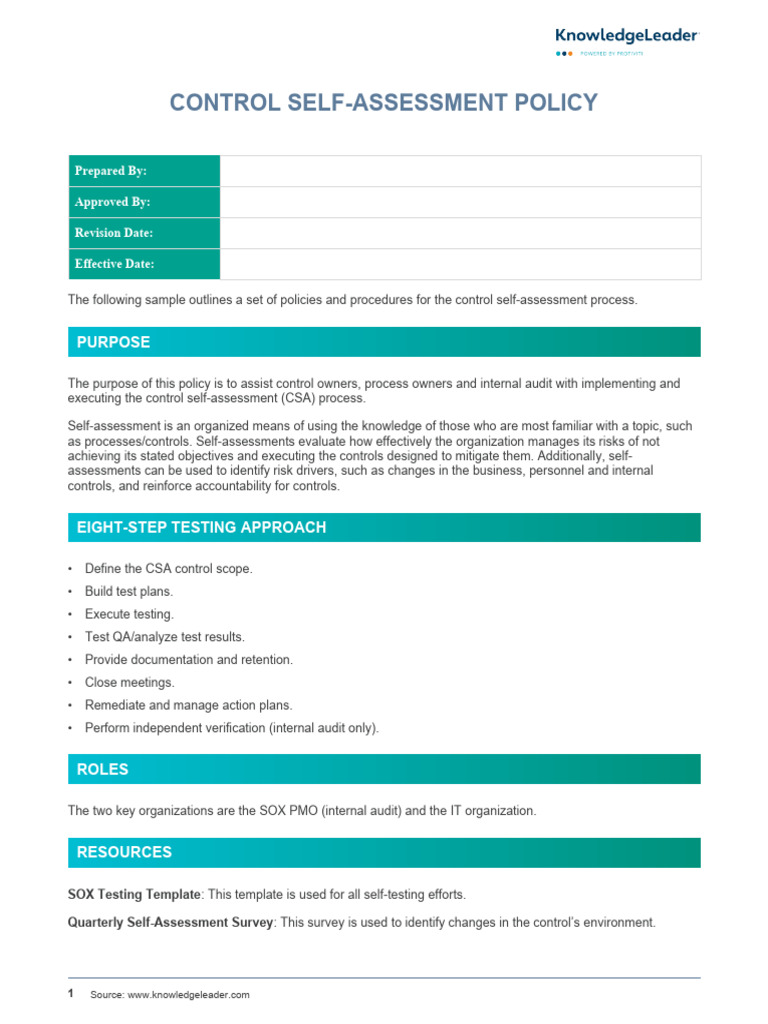 Control Self-Assessment Policy | PDF | Internal Control | Internal Audit