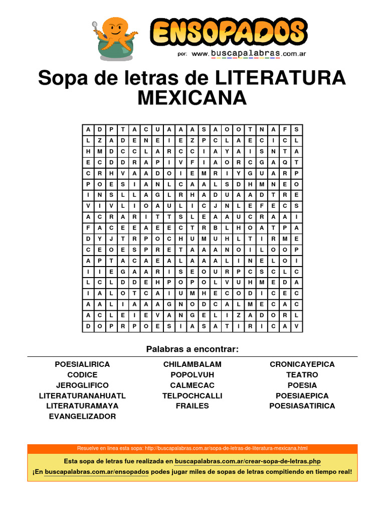 Sopa de Letras: Literatura Mexicana | PDF | azteca | Cultura de las ...