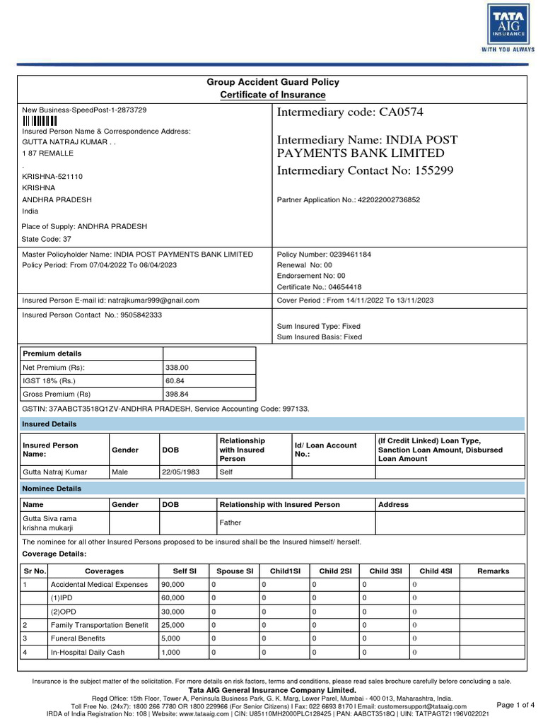 Intermediary Code: CA0574: Group Accident Guard Policy Certificate of ...