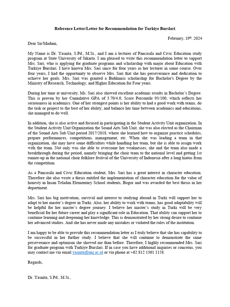 1. Sari Handayani Reference Letter-Turkiye Burslari 2024 | PDF | Behavior Modification | Cognition