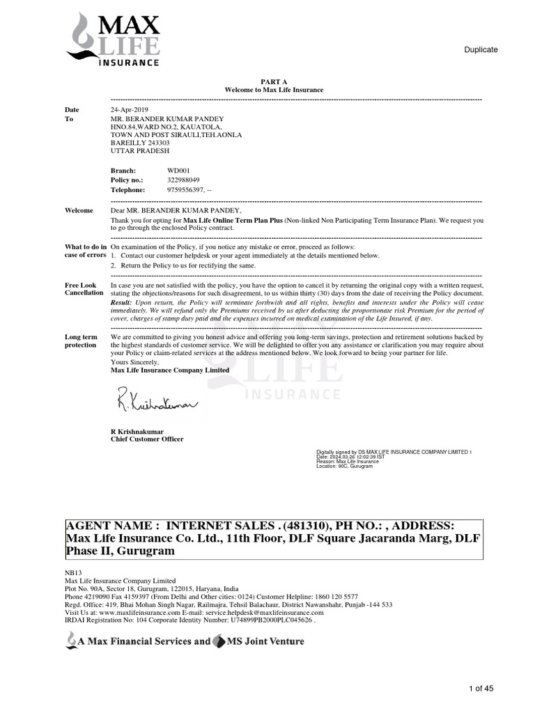 Agent Name: Internet Sales - (481310), PH NO.:, ADDRESS: Max Life ...