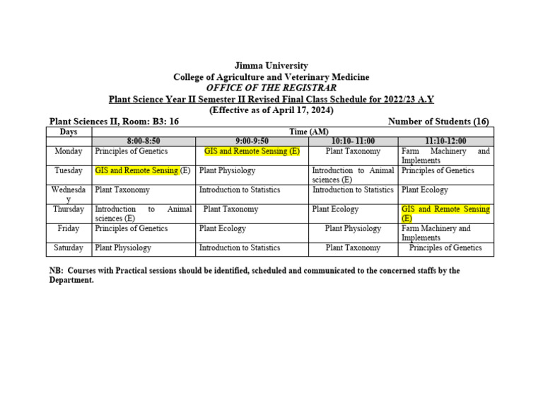 Jimma University Plant Science Class Schedule | PDF