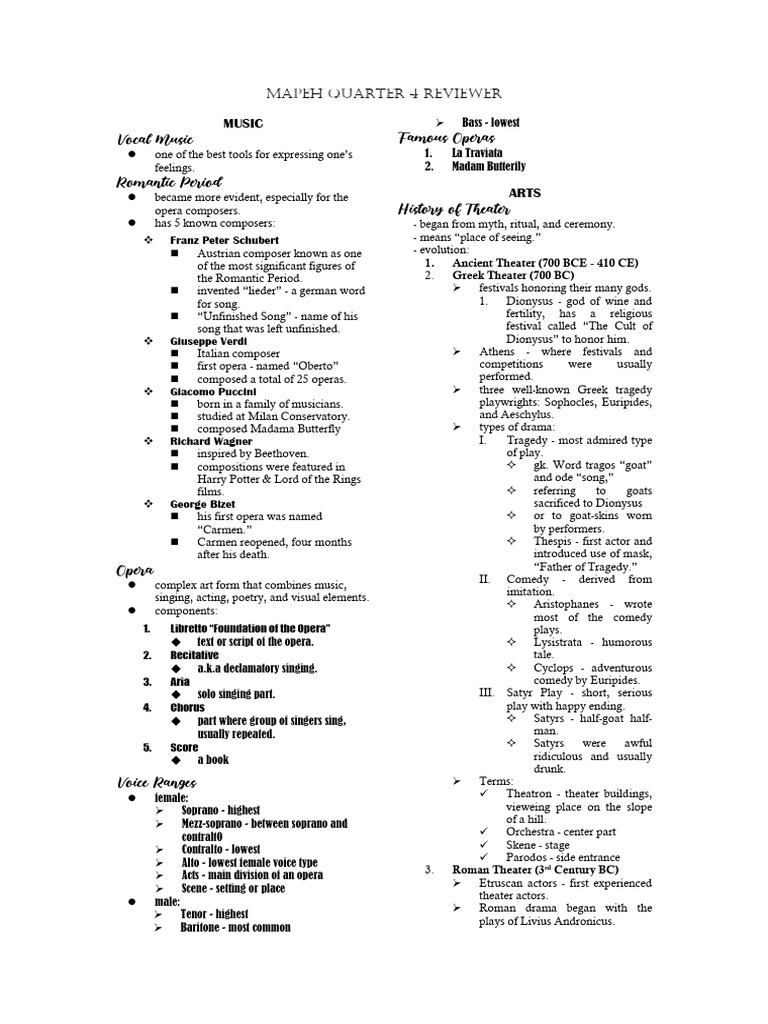 MAPEH Grade 9 Quarter 4 Notes | Download Free PDF | Theatre | Opera
