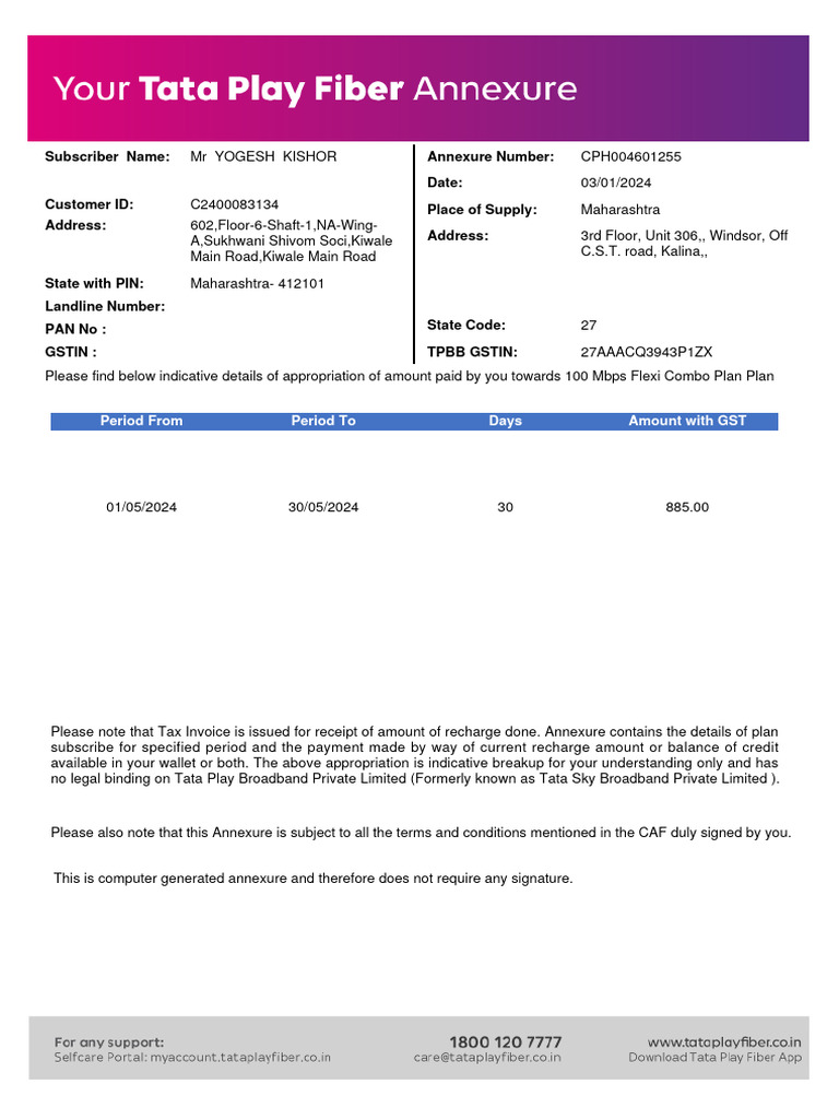 Wifi Bill From May 2024 | PDF