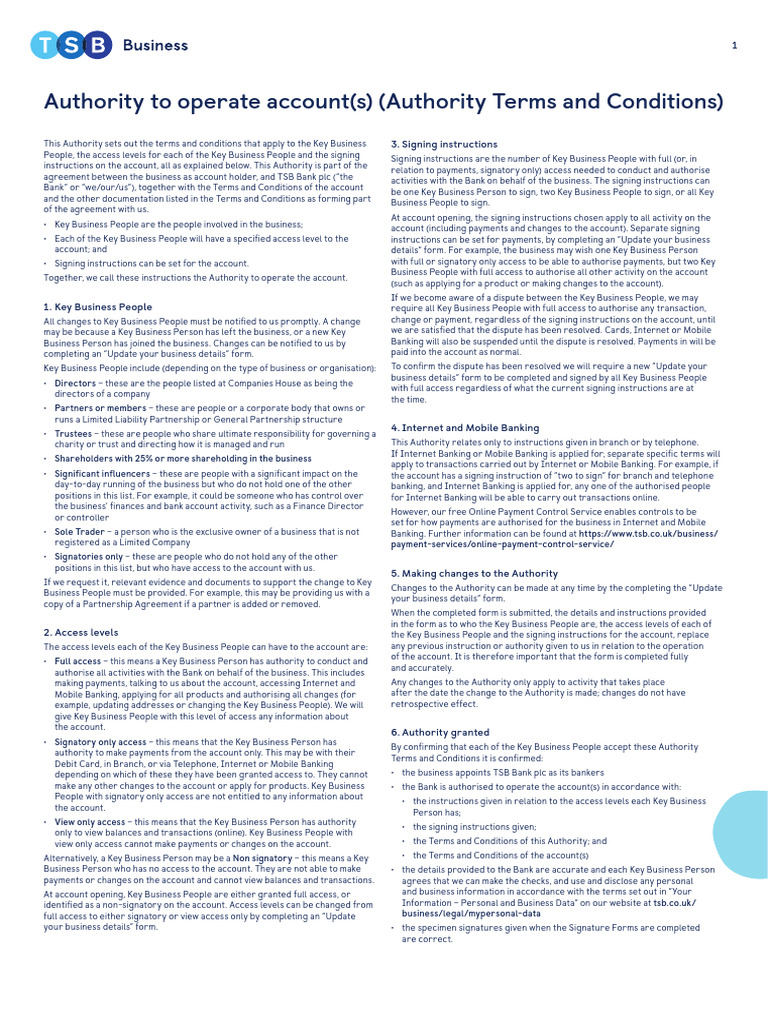 TSB Business Account Authority Terms | PDF | Partnership | Business