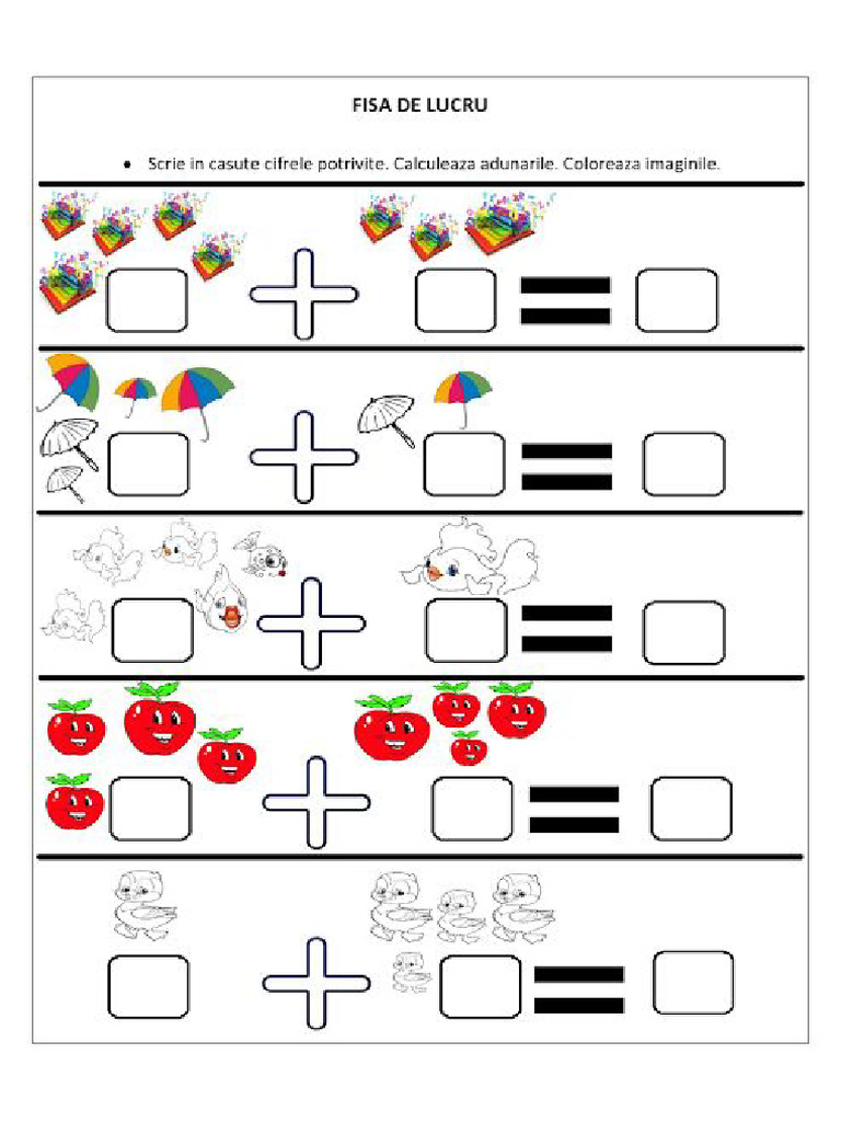 FISE de Lucru Cu Adunari - Adunari Pentru Clasa Pregatitoare - Jpeg | PDF
