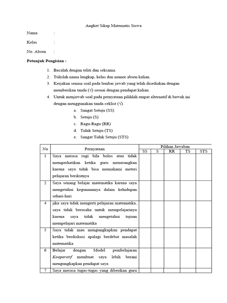 Angket Sikap Matematis Siswa | PDF