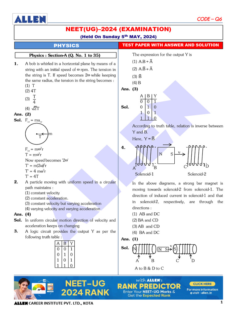NEET 2024 Paper With Solution | PDF | Physical Phenomena | Standardized ...