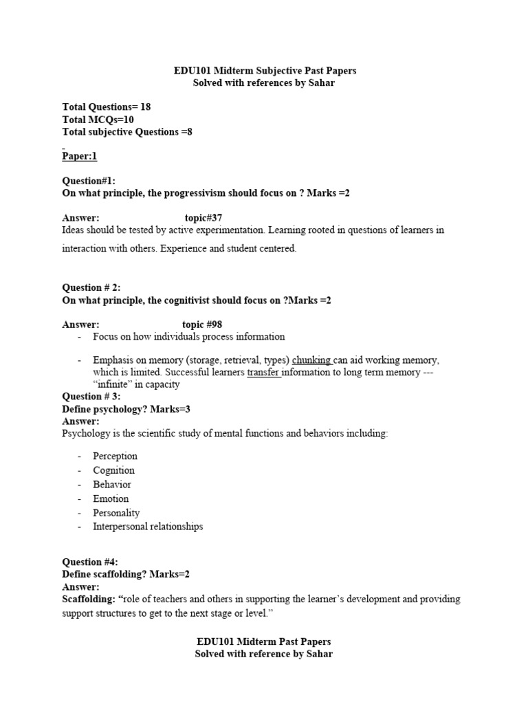 Edu 101 Midterm Past Subjective Papers Solvedwithreferncesby Sahar ...