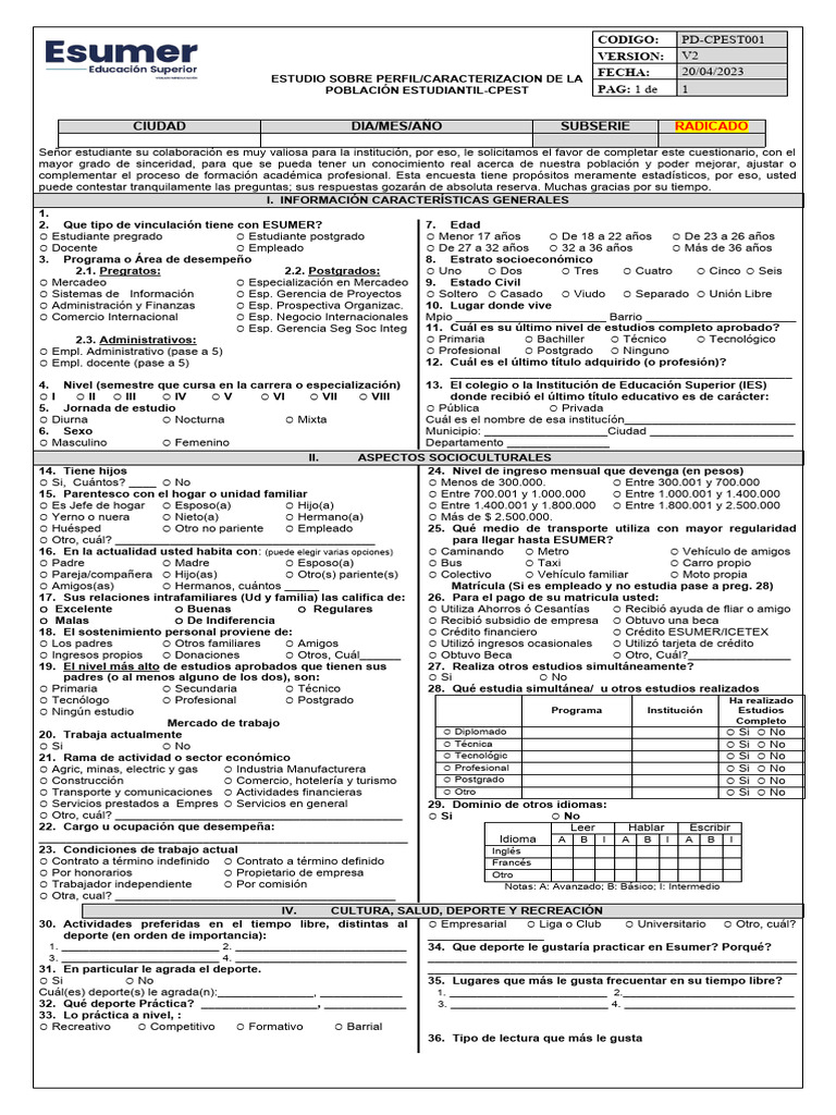 Formatos Encuesta Caracterizacion Poblacion Estudiantil 20 04 2023 PD ...