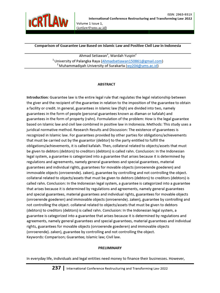 Comparison of Guarantee Law Based On Islamic Law and Positive Civil Law in Indonesia | PDF ...