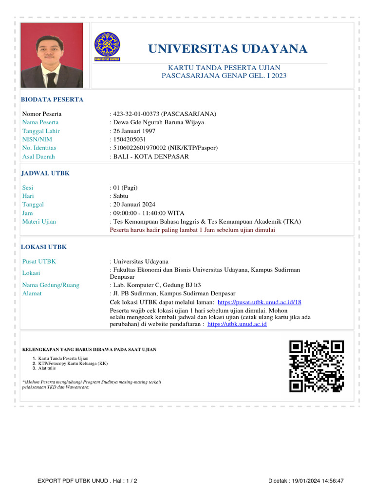 Kartu Peserta Utbk Unud 52332011750 2 | PDF