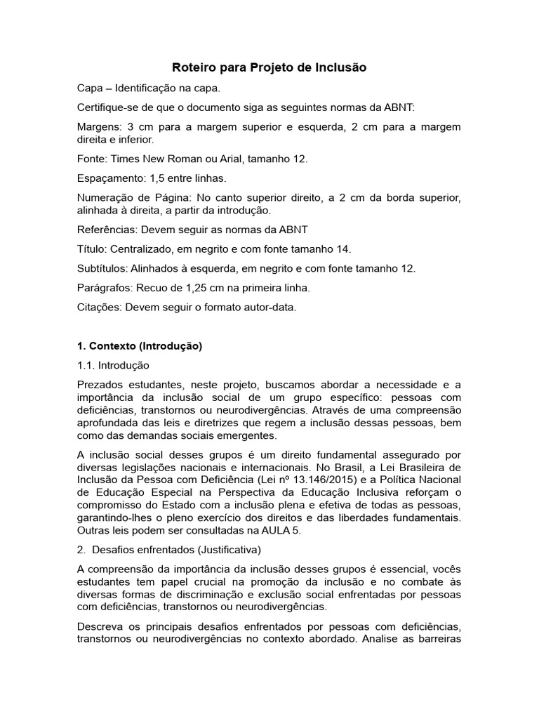 Roteiro para Projeto de Inclusão | Download grátis PDF | Exclusão ...