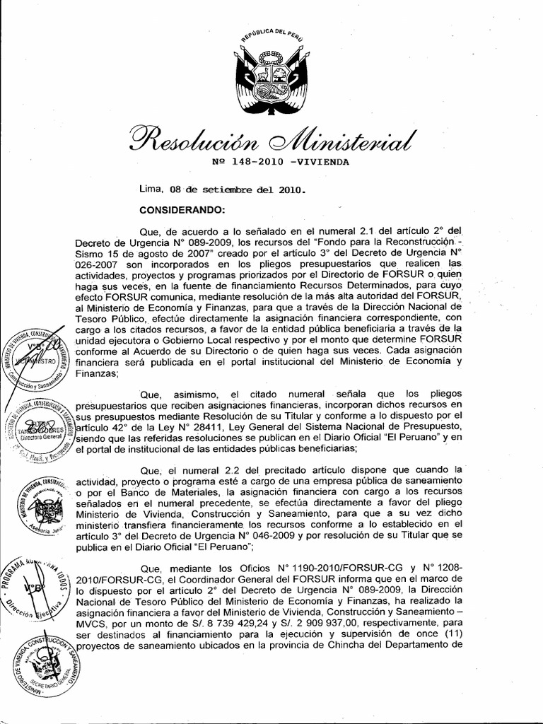 RM 148 2010 Vivienda | PDF | Presupuesto | Saneamiento