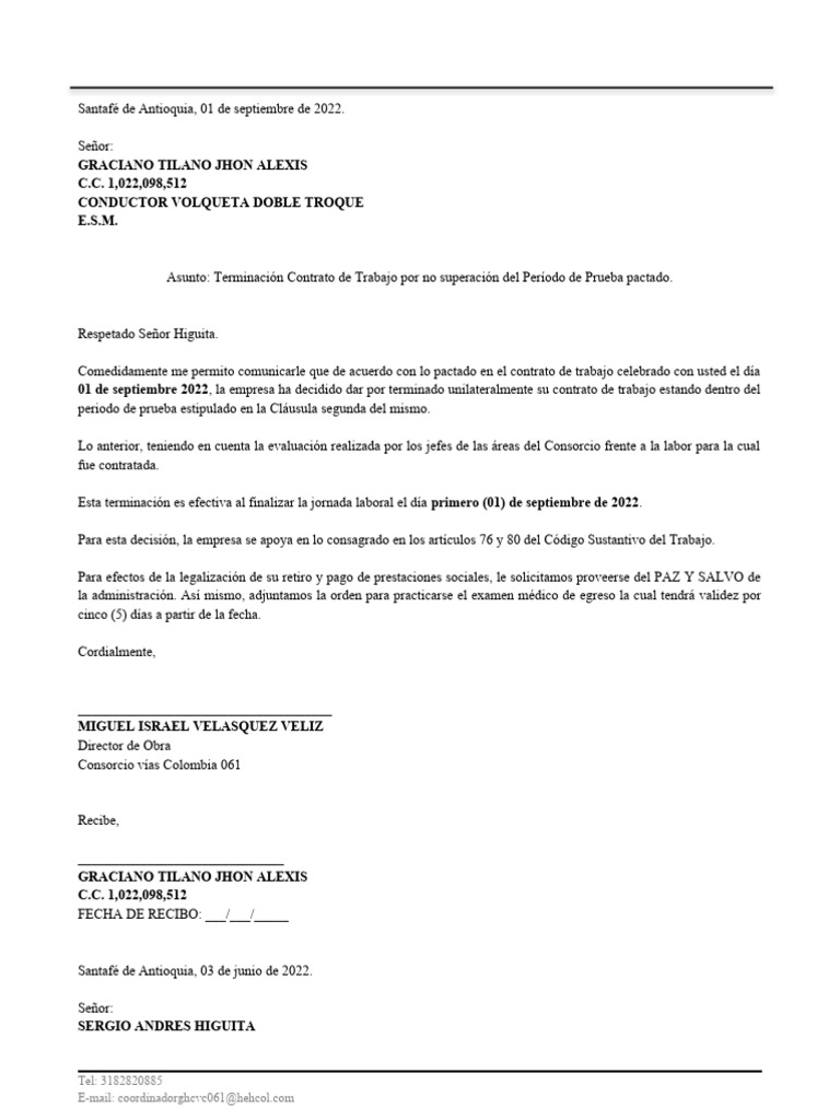 Modelo Cartas Terminacion Periodo de Prueba | PDF