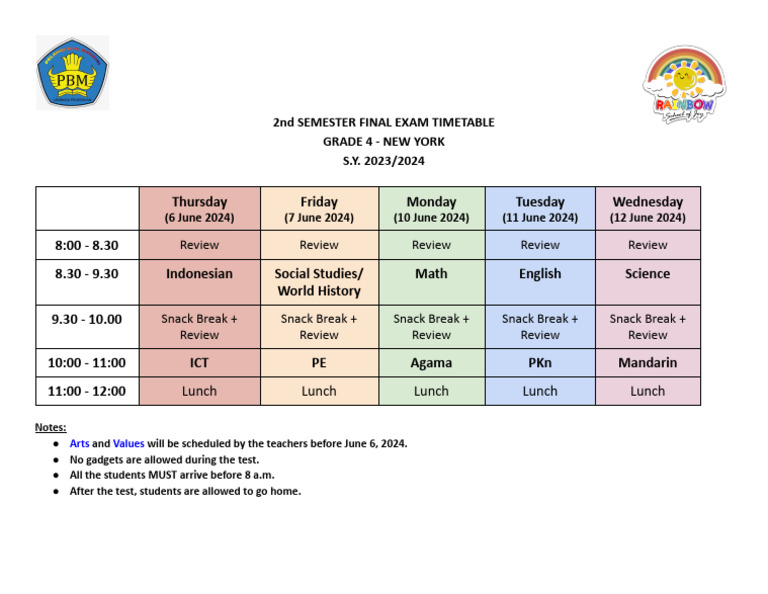 Grade 4 Final Exam Timetable - 2nd Semester S.Y. 20232024 | PDF