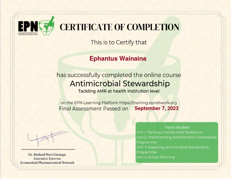 Ephantus Antimicrobial Stewardship Tackling AMR at Health Institution Level Certificate ...