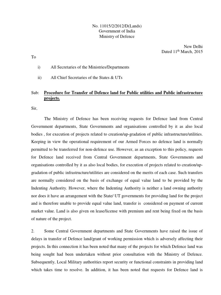85 Transfer of Defence Land | PDF | Government Of India | Government