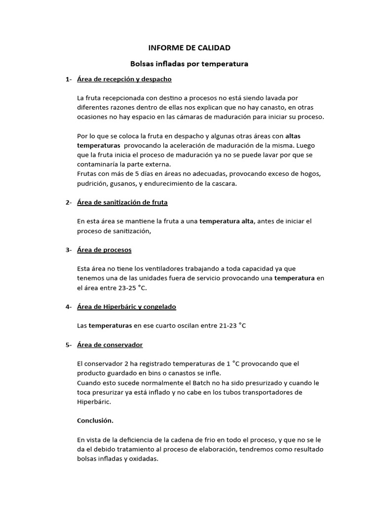 Informe de Calidad Bolsas Infladas Por Temp | PDF