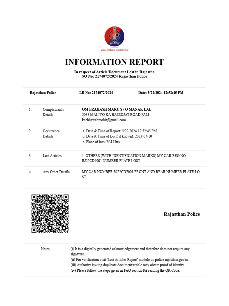 Rajasthan Police Lost Article Report | PDF