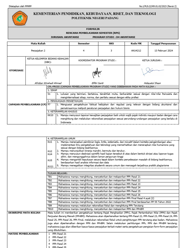 RPS Perpajakan 2 - D4 - Revisi Format 2024 | PDF