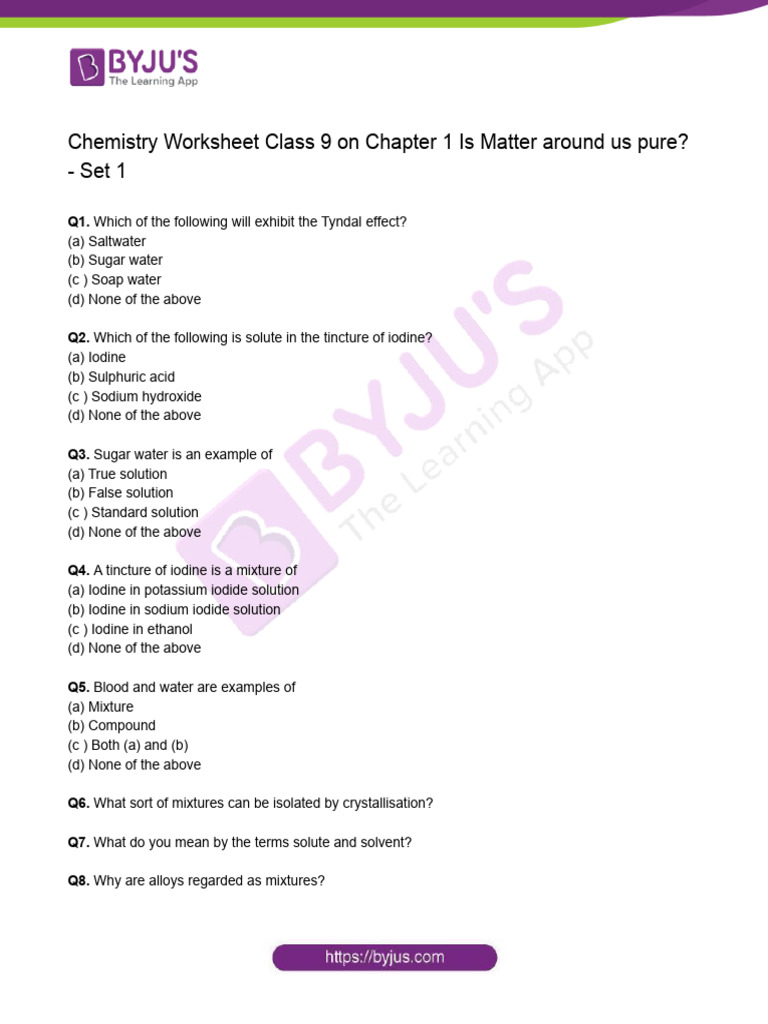 Chemistry Worksheet Class 9 On Chapter 1 Is Matter Around Us Pure - Set ...
