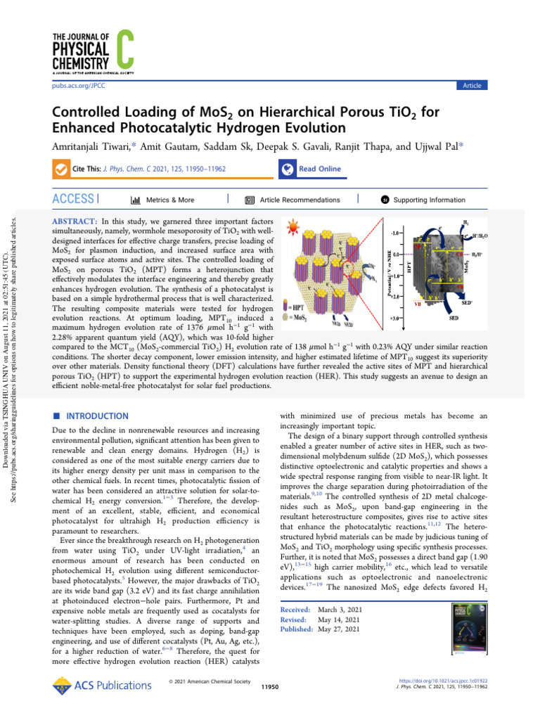 Controlled Loading of MoS2 On Hierarchical Porous TiO2 For Enhanced Photocatalytic Hydrogen ...