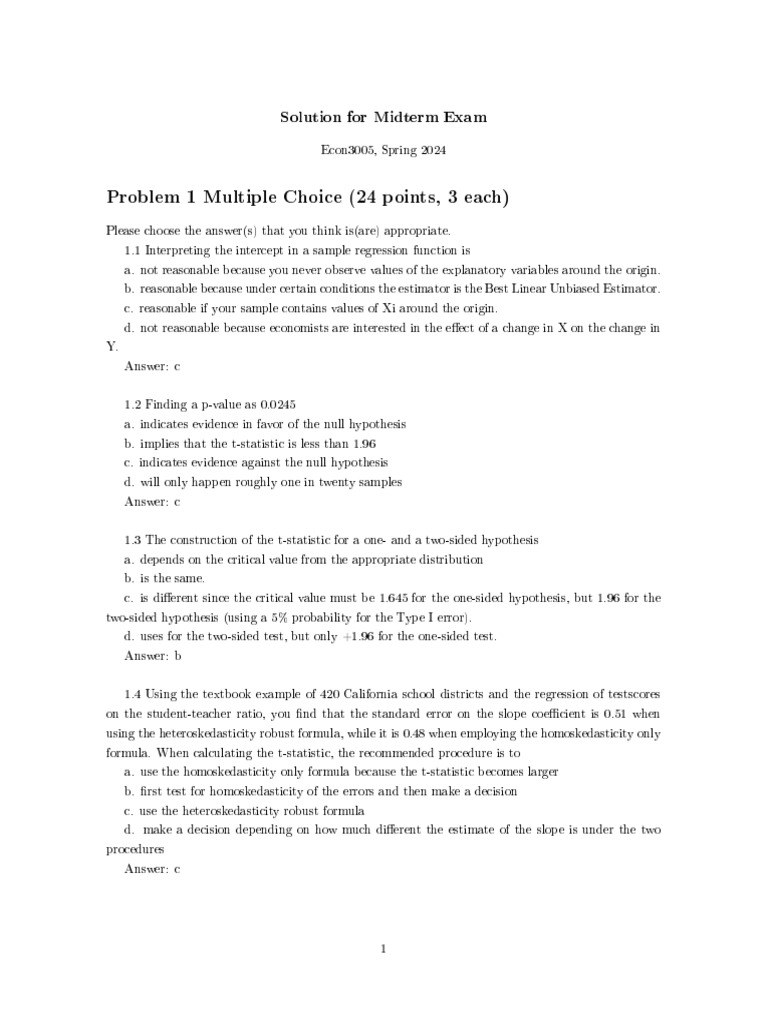 Midterm Solution 2024spring | PDF | Linear Regression | Statistics
