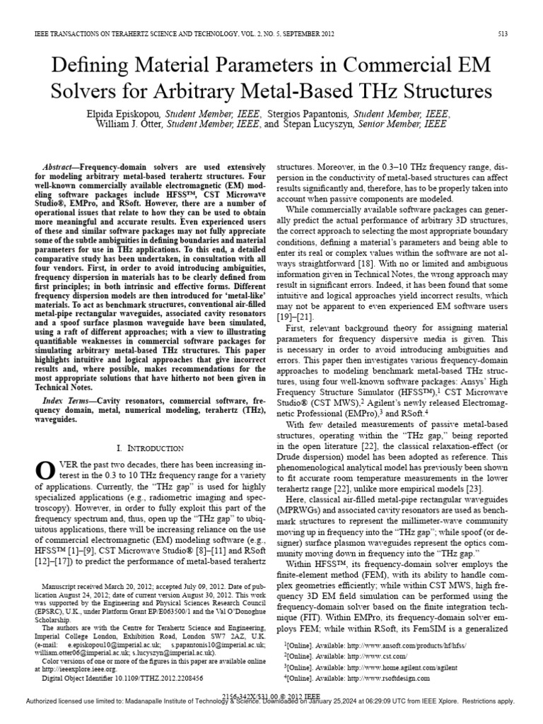 Defining Material Parameters in Commercial EM Solvers For Arbitrary Metal-Based THZ Structures ...