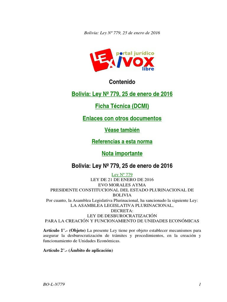 Ley 779: Desburocratización Económica en Bolivia | PDF | Bolivia