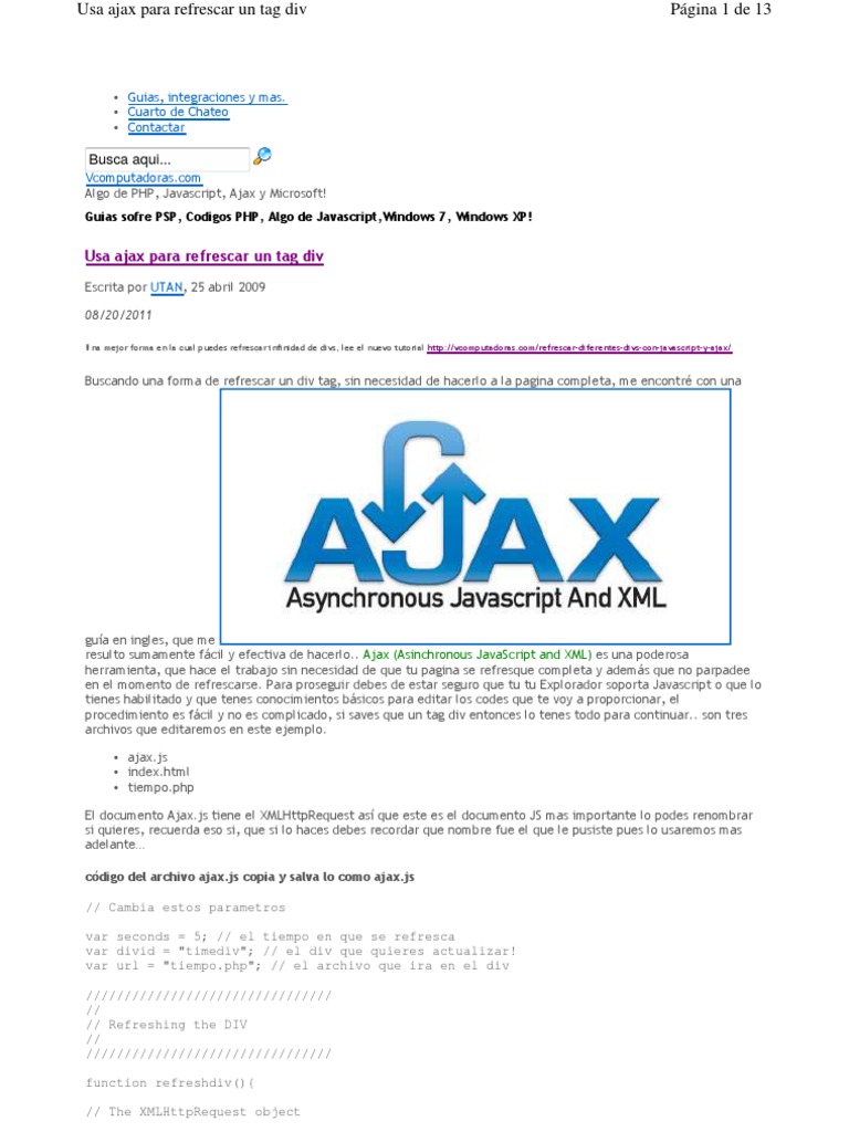 Usa Ajax Para Refrescar Un Tag Div Descargar Gratis Pdf Ajax Programación Script Java