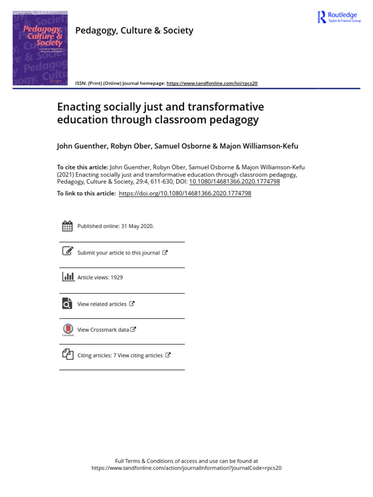 Enacting Socially Just and Transformative Education Through Classroom Pedagogy | PDF ...