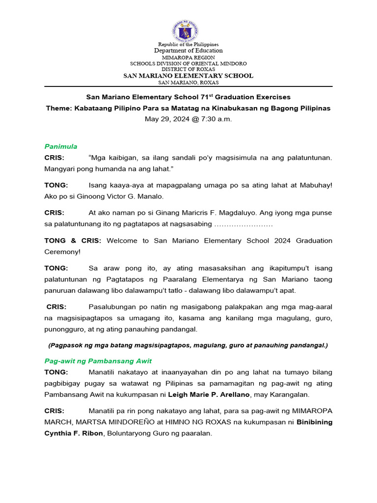 2024 Graduation Script - Filipino | PDF