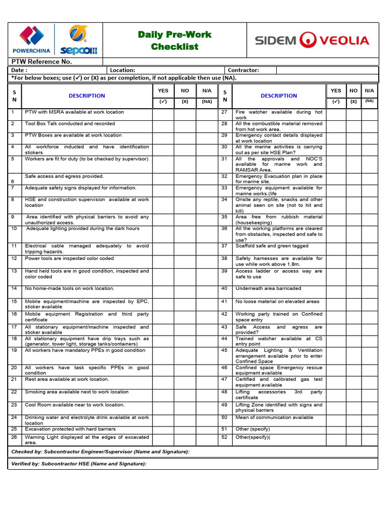 Daily Pre-Work Checklist | Download Free PDF | Occupational Safety And ...