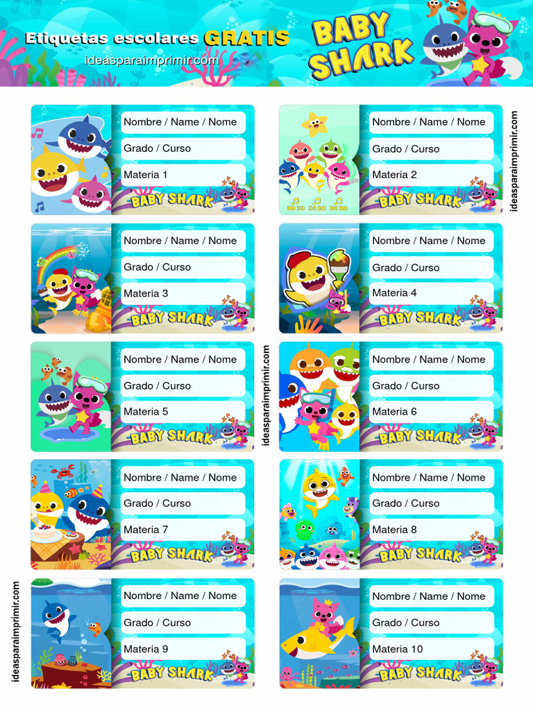 Etiquetas Escolares Baby Shark Editables Gratis | PDF