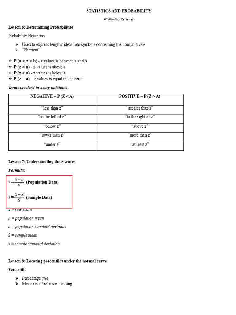Stats and Prob. 4th Monthly Reviewer | PDF | Sampling (Statistics) | Mean