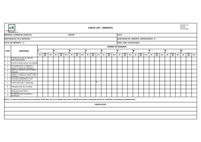 Fo-Sst-01 Check List de Hidrante | PDF