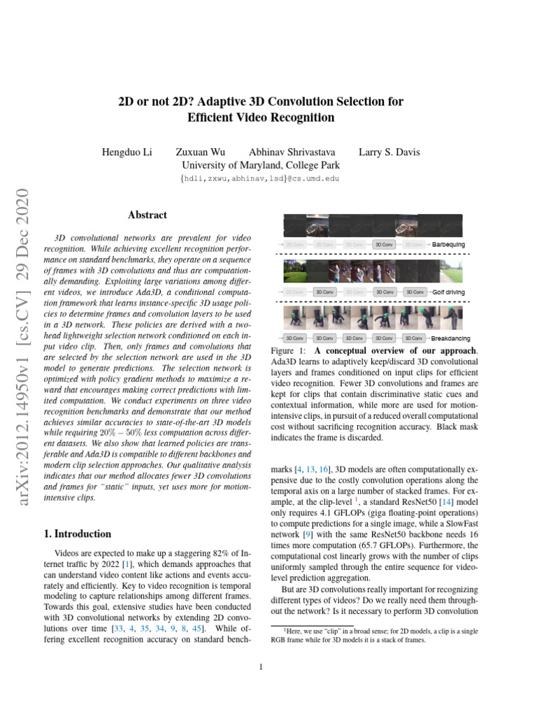 2D or Not 2D Adaptive 3D Convolution Selection For Efficient Video Recogition | PDF | Video ...