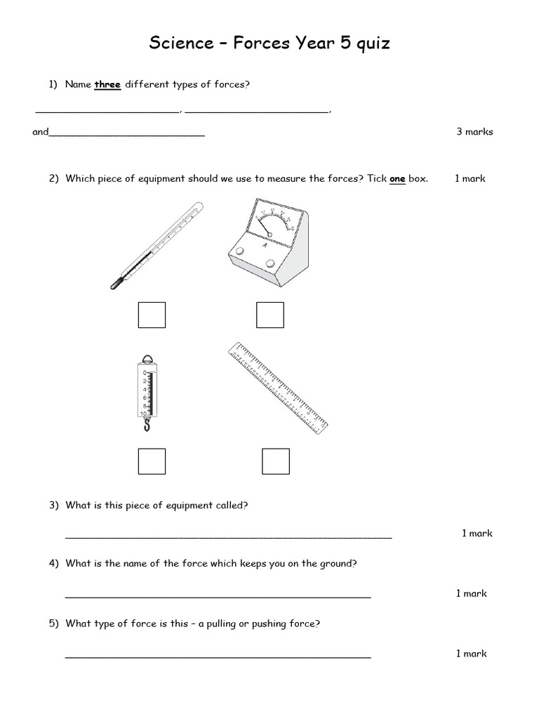 Year 5 Forces Quiz | PDF | Force | Weight