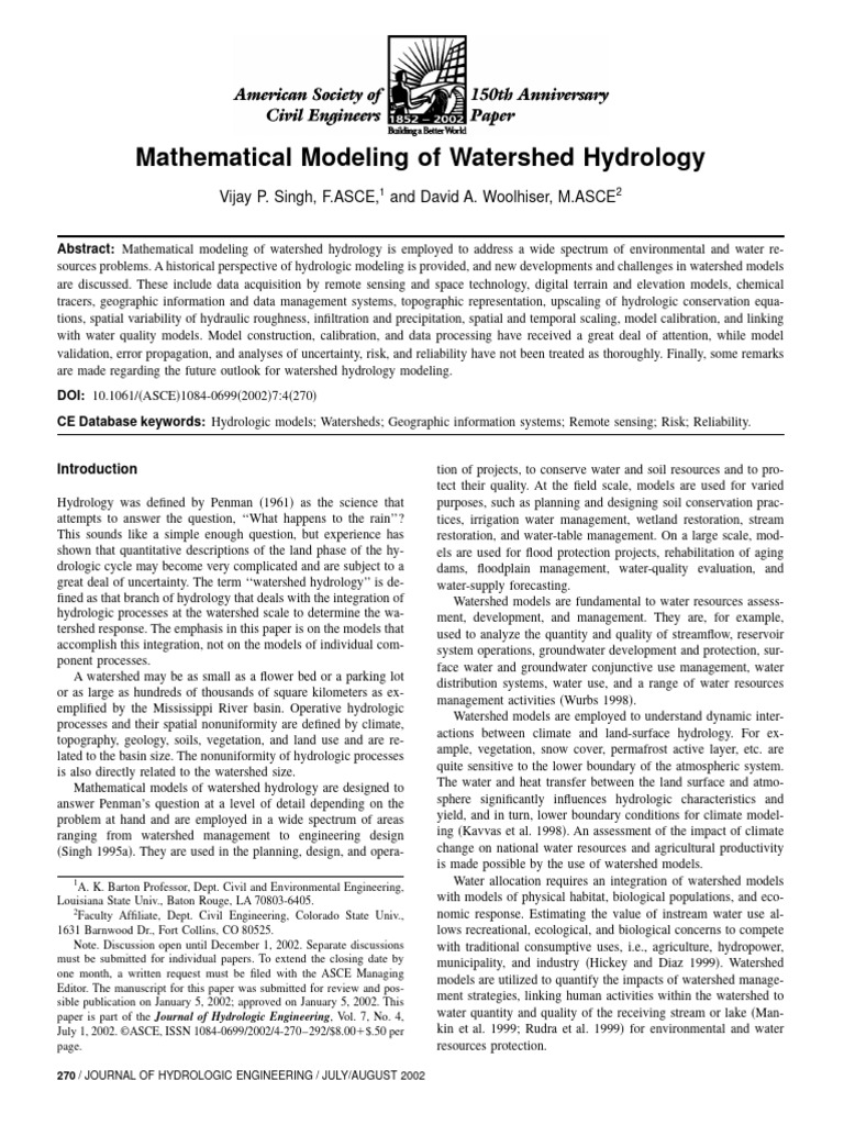 Mathematical Modeling of Watershed Hydrology 51prx6am92 | PDF ...