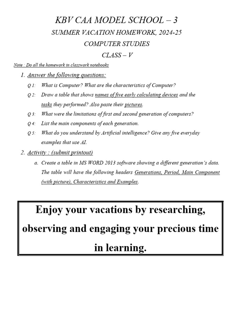 Class V, Summer Vacation Homework, 2024-25 | PDF