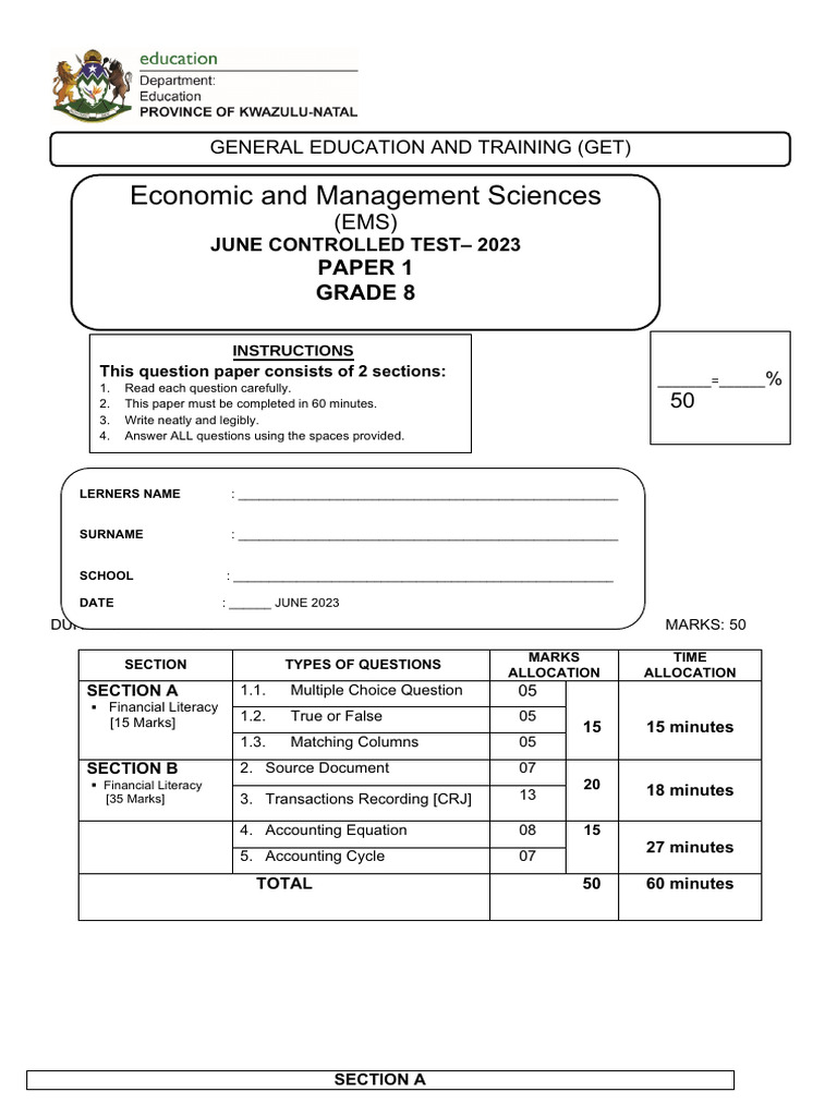 EMS P1 8 QUESTION PAPER Mid-Year Exam 2023 | Download Free PDF | Debits And Credits | Private Sector