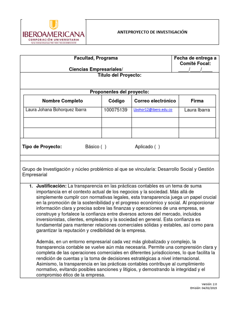 Ficha Elaboración de Anteproyecto (1) | PDF | Contabilidad | Sustentabilidad
