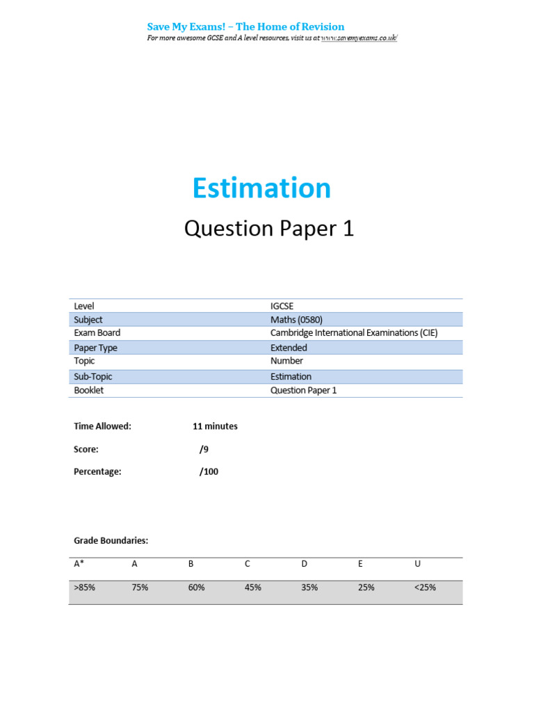 19.1 Estimation - Cie Igcse Maths 0580-Ext Theory-Qp | PDF ...