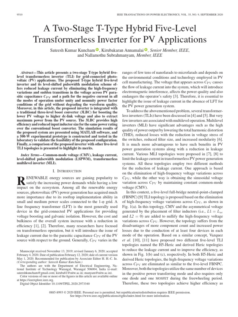A Two Stage T Type Hybrid Five Level Transformerless Inverter For Pv Applications Pdf Power