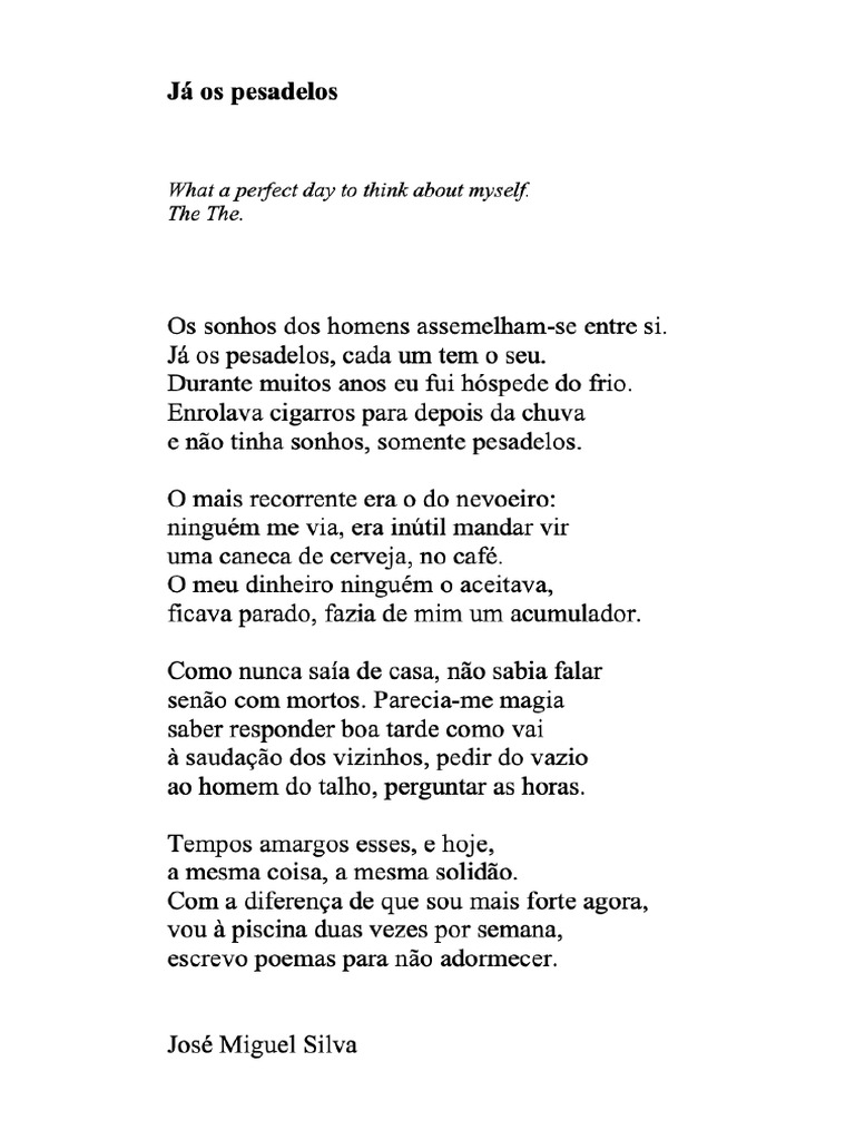 Poema Já Os Pesadelos de José Miguel Silva | PDF