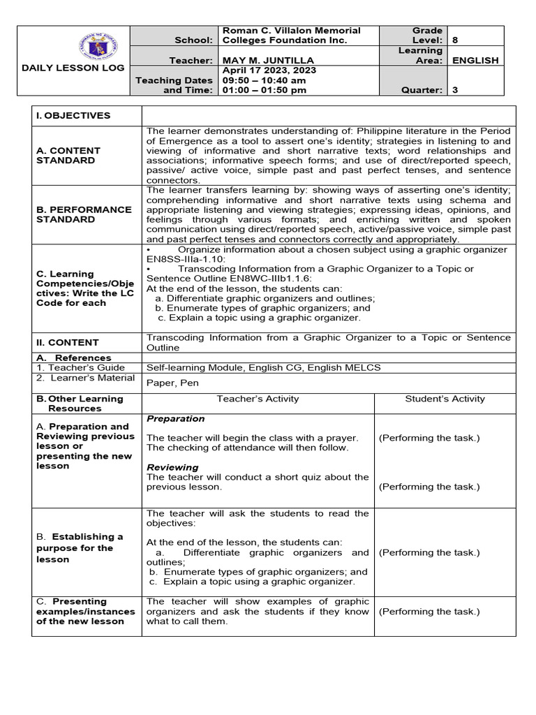 Lesson Plan in English2 | PDF | Learning | Teachers