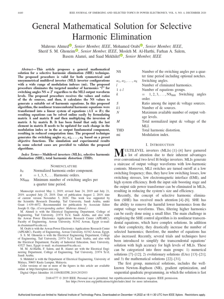 General Mathematical Solution For Selective Harmonic Elimination | PDF | Power Inverter | Matrix ...